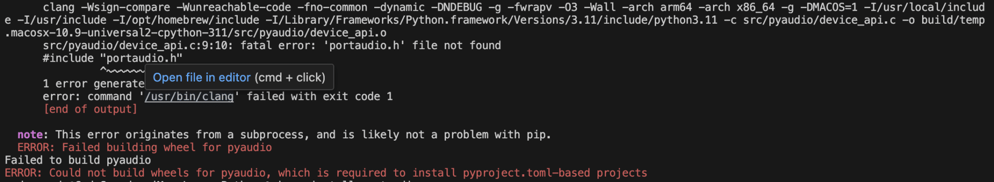 Fixed: ERROR: Could not build wheels for pyaudio, which is required to install pyproject.toml ...